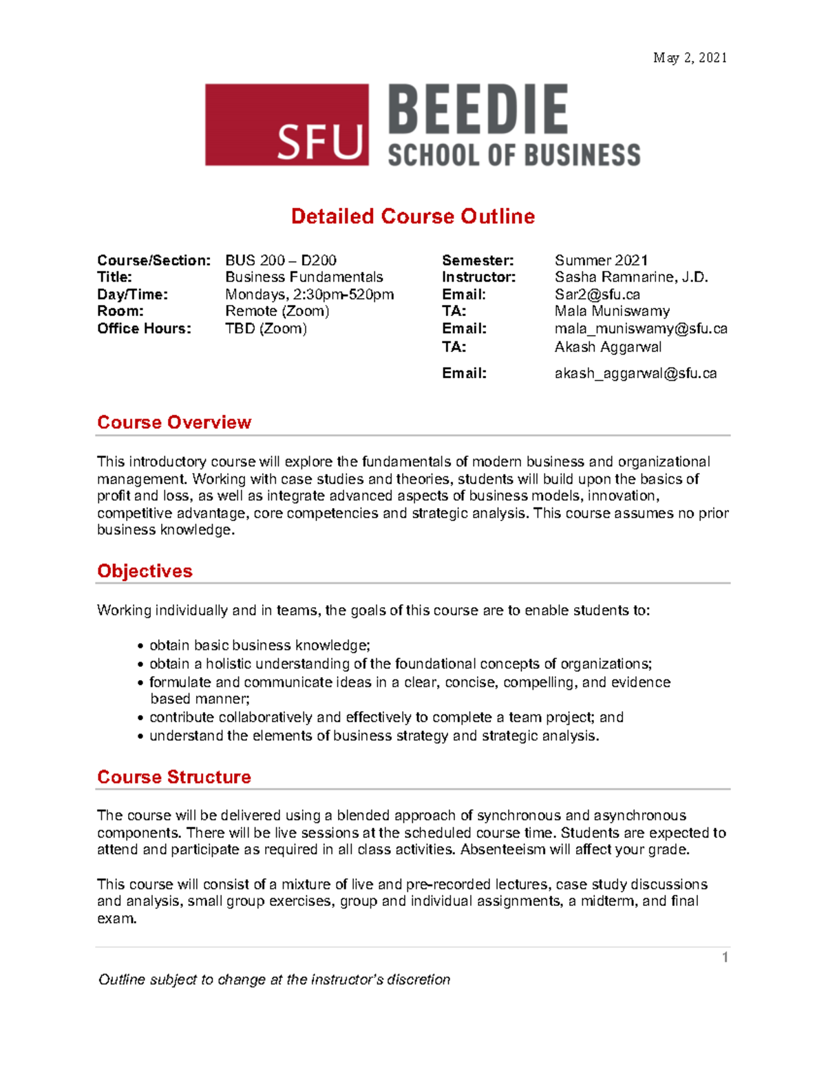 BUS 200 - Ramnarine, Sasha- Detailed Course Outline - 1 Detailed Course ...