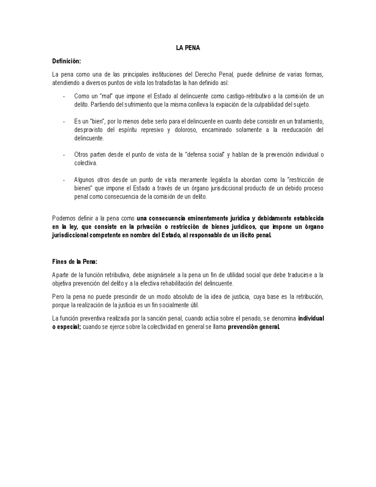 LA PENA - Resumen Derecho Penal y Procesal Penal - LA PENA Definición ...