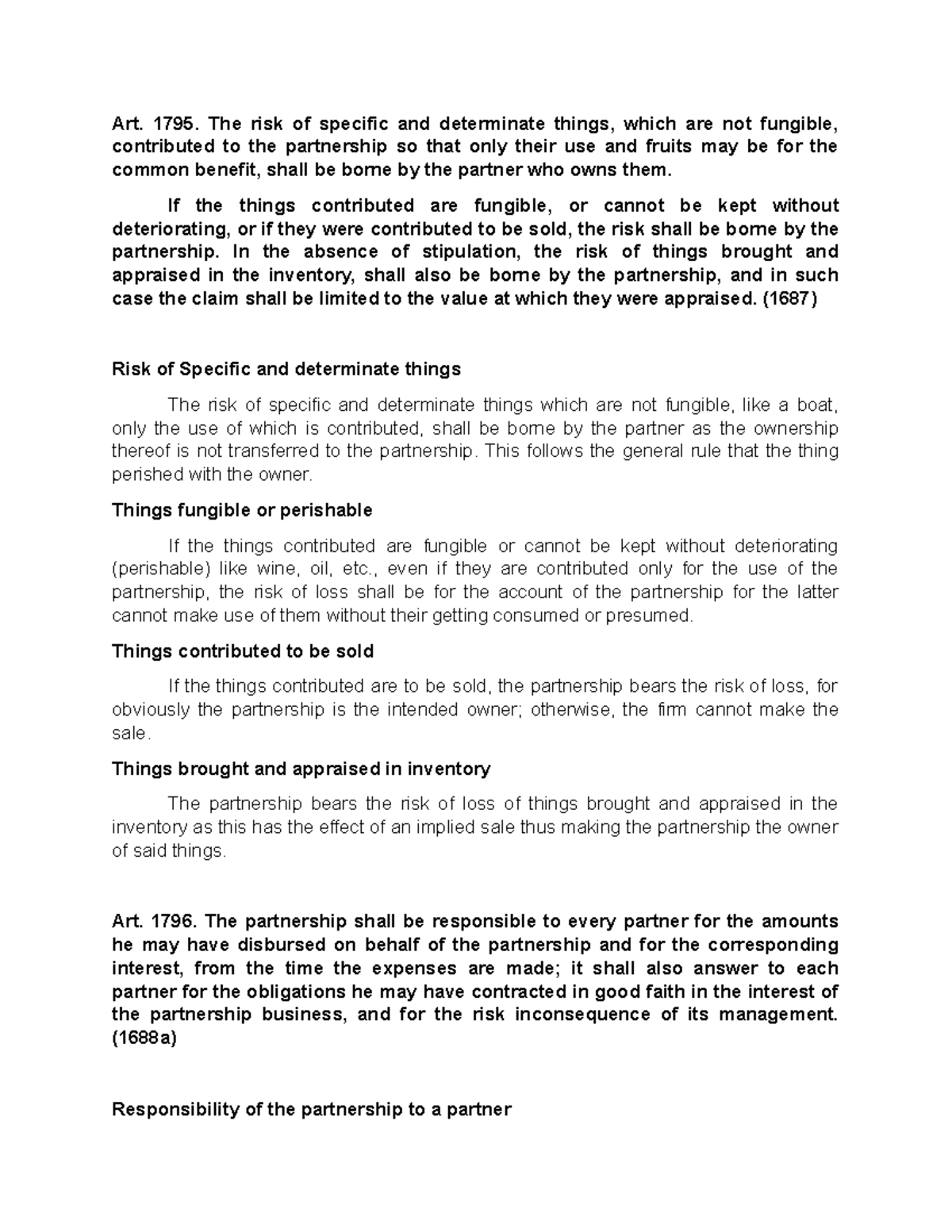 Art 1795 - 1799 - Article 1759-1799 - Art. 1795. The risk of specific ...