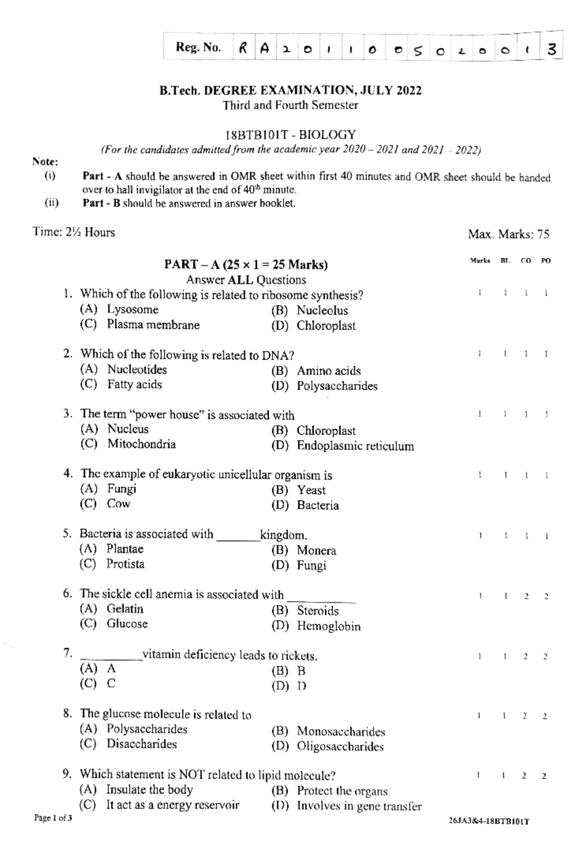 Biology University Qp Lecture Notes Reg No R A O O So O 3 B Degree Examination July 2022
