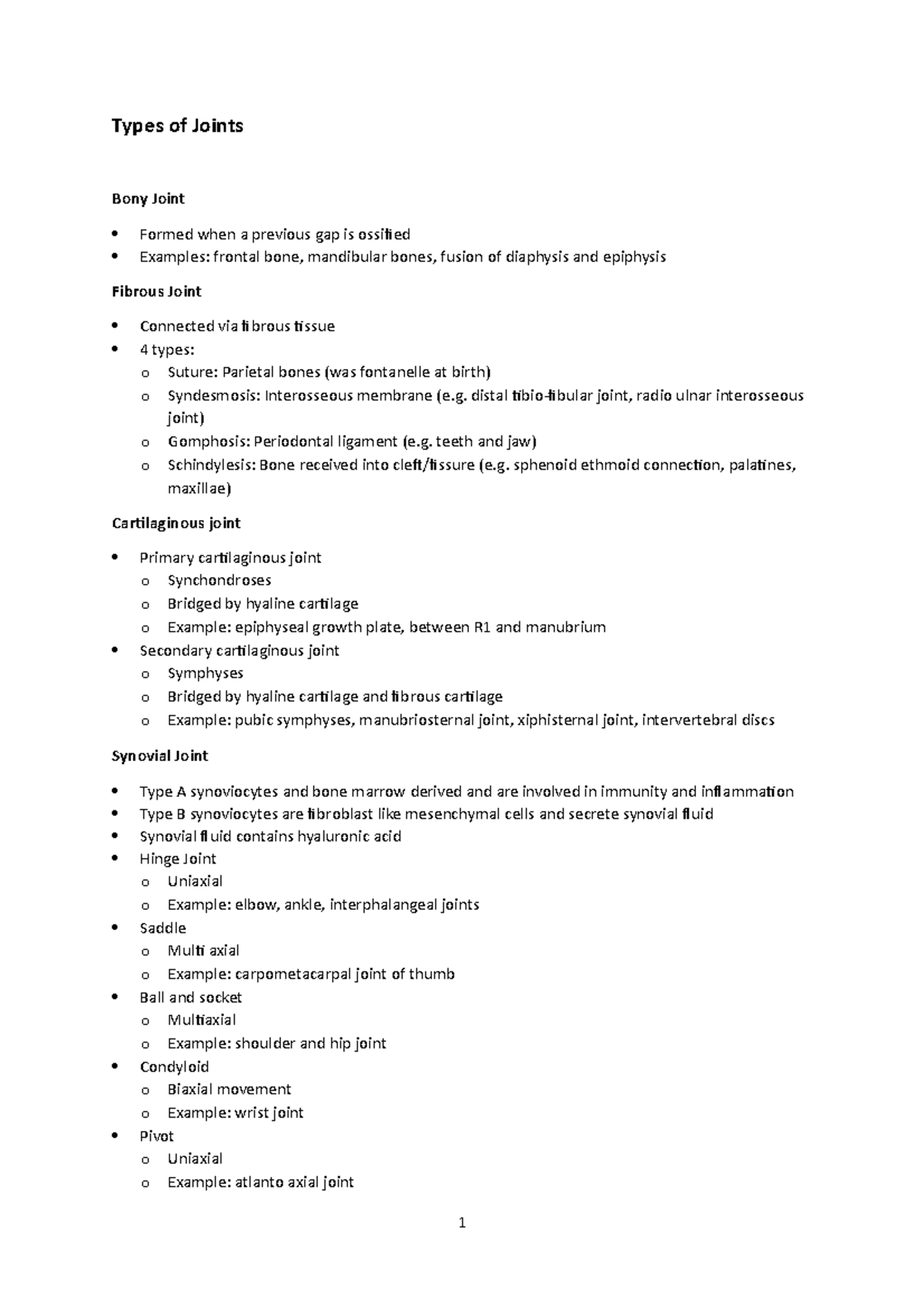 Types of Joints - Lecture notes 2.13 - Types of Joints Bony Joint ...