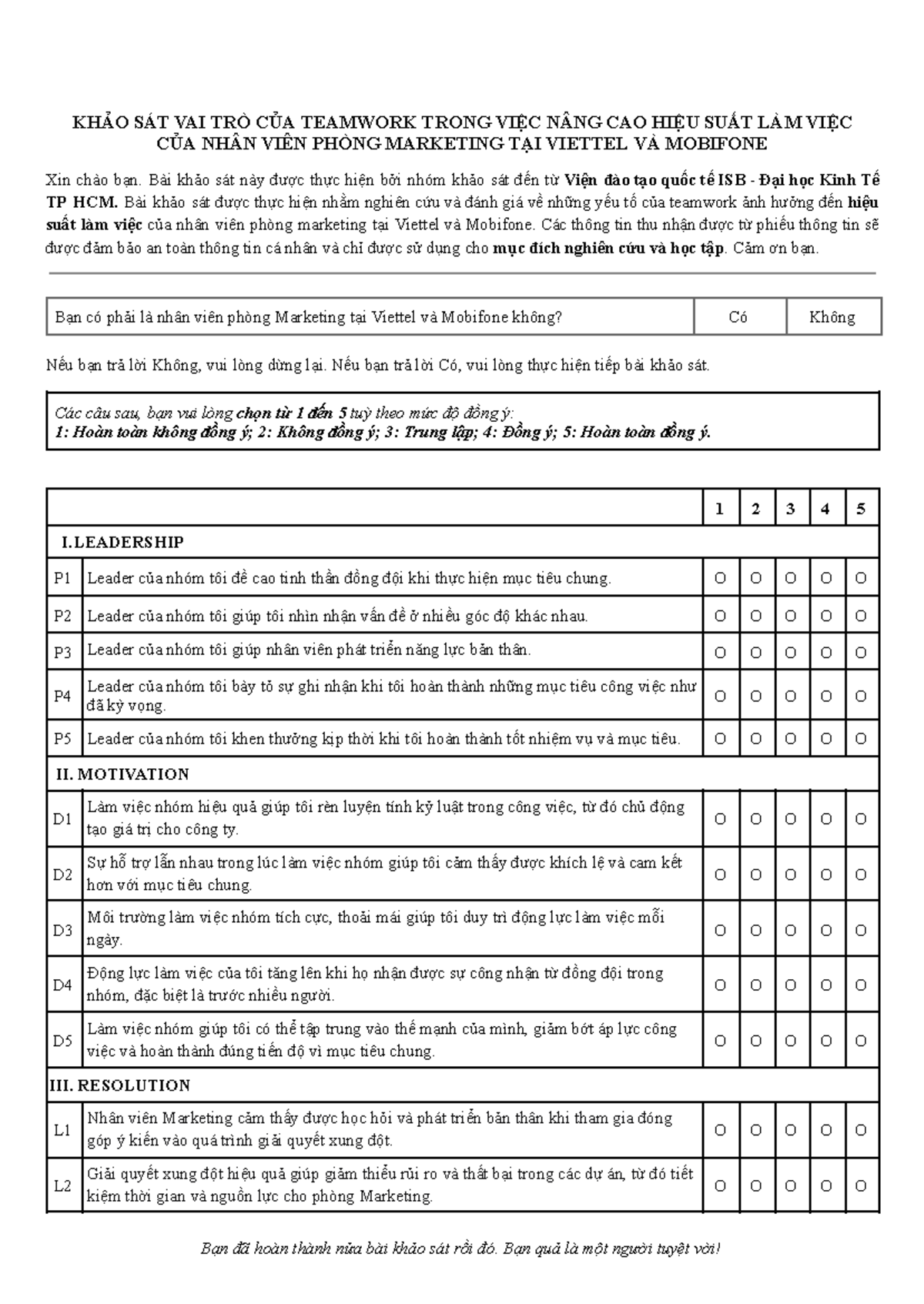 OB TEAM 6 [ Sample Questionnaire] KHẢO SÁT VAI TRÒ CỦA Teamwork Trong ...