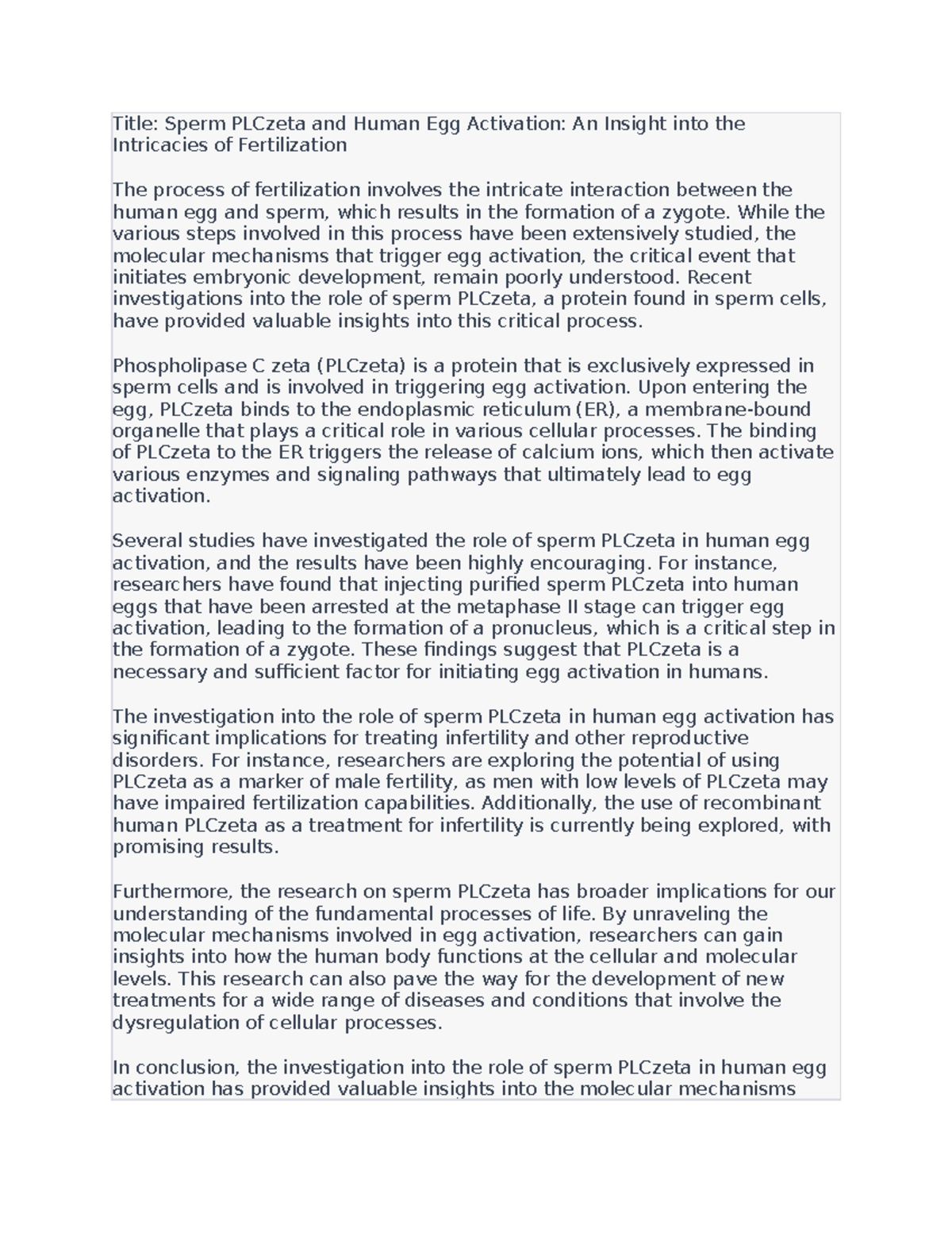 Sperm PLCzeta and Human Egg Activation - An Insight into the ...