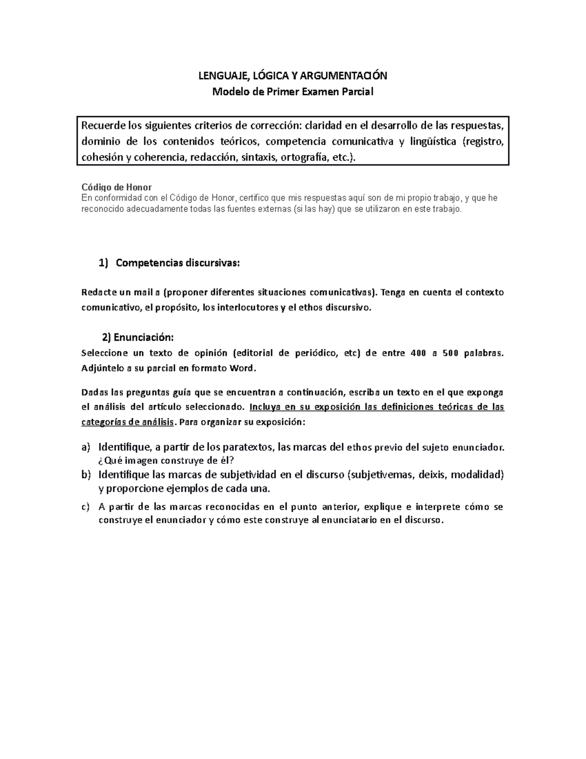 Modelo de Primer Parcial Lenguaje Logica y Argumentacion - LENGUAJE, LÓGICA Y ARGUMENTACIÓN ...
