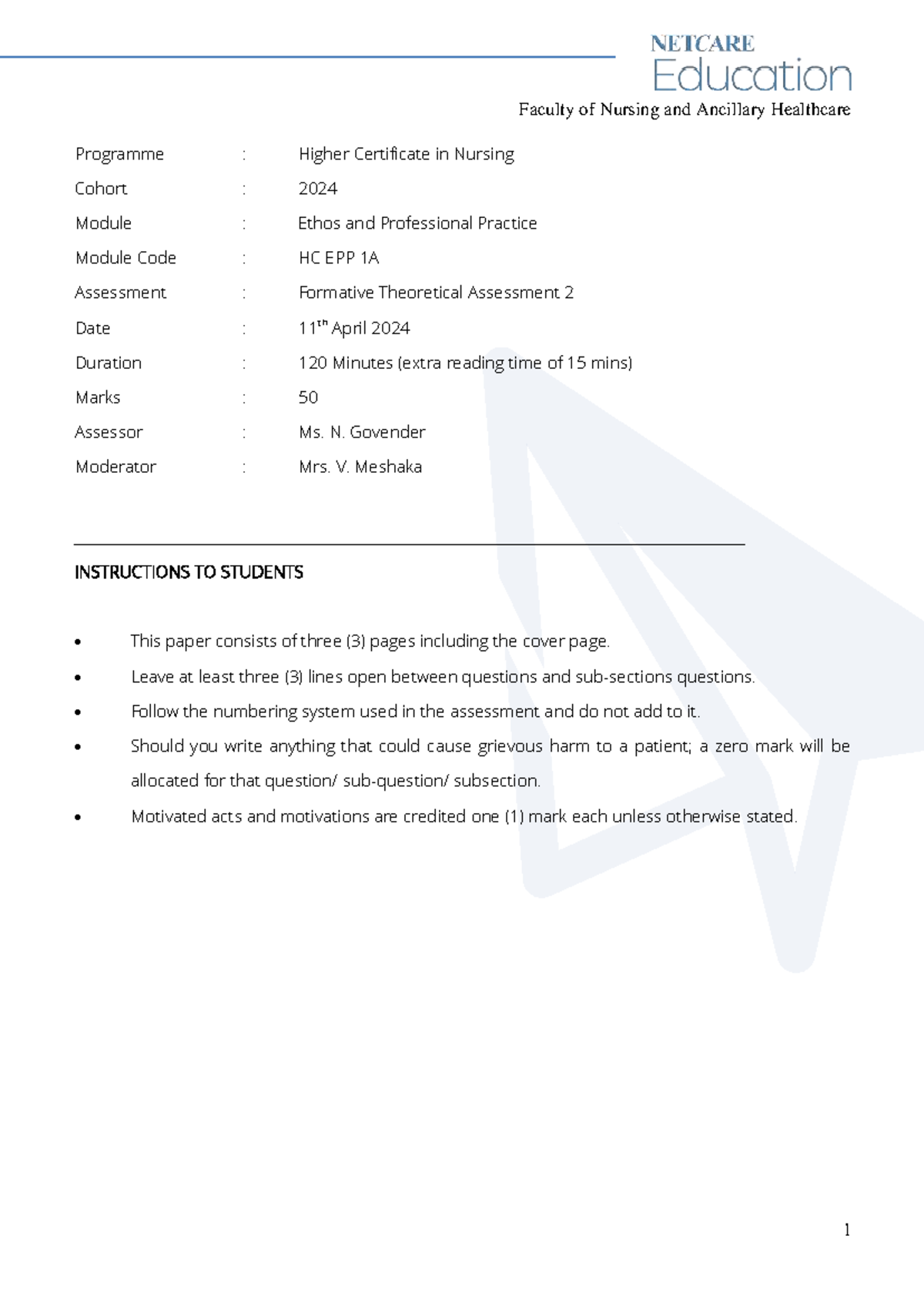 HC - EPP 1A - FTA 2 - 11th April 2024 - Question Paper - Faculty of ...