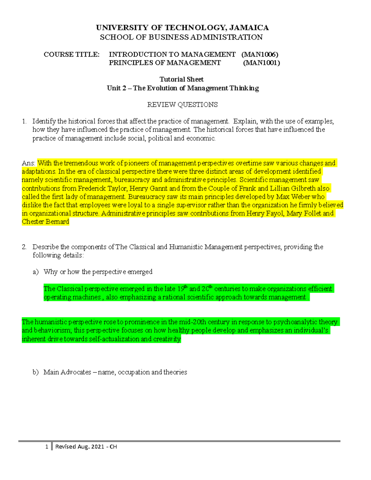 Management tt 2 (Auto Recovered) - UNIVERSITY OF TECHNOLOGY, JAMAICA ...