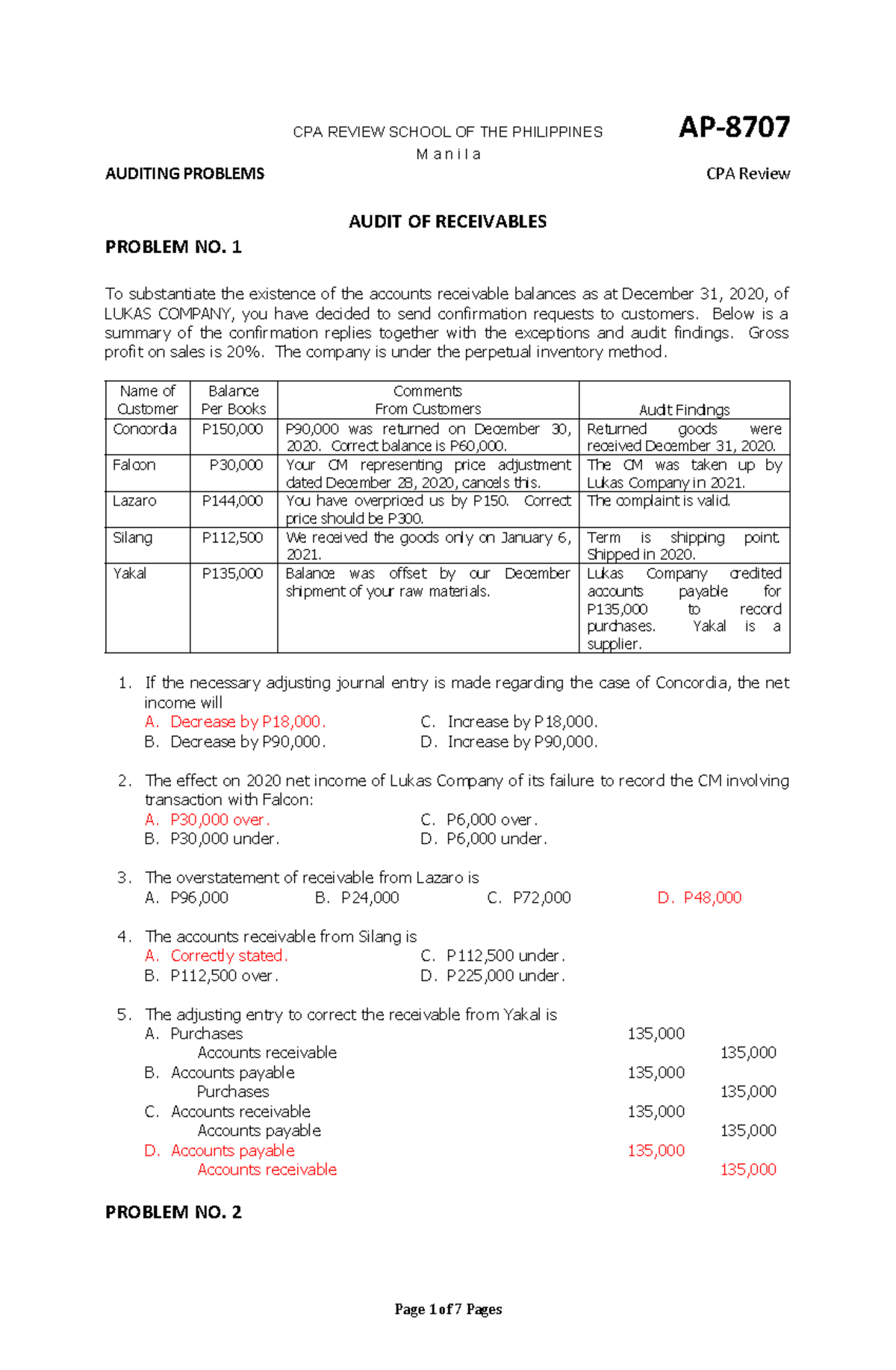 Practice Problems-Audit of Receivables - CPA REVIEW SCHOOL OF THE ...