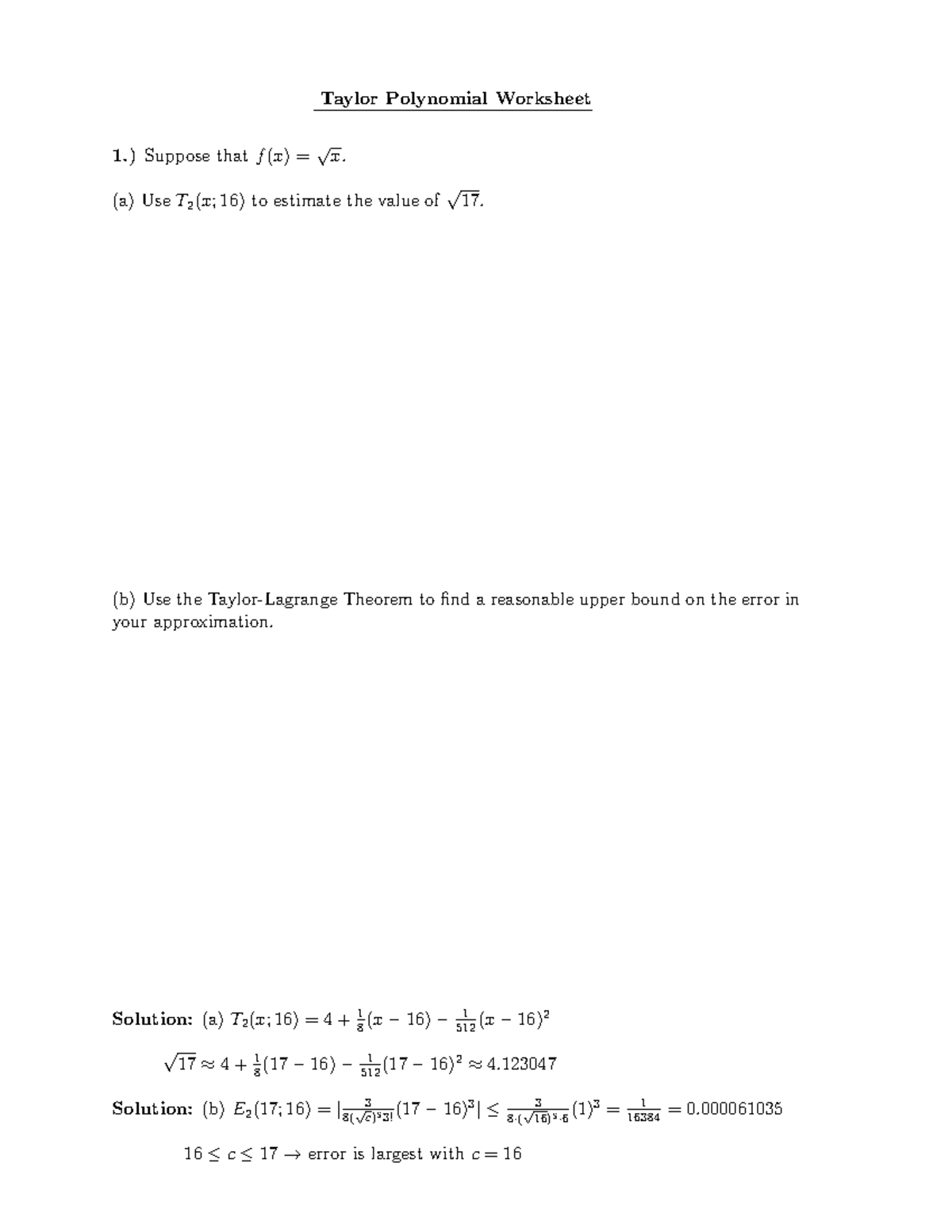 Taylor Series Worksheet - Taylor Polynomial Worksheet 1.) Suppose that ...