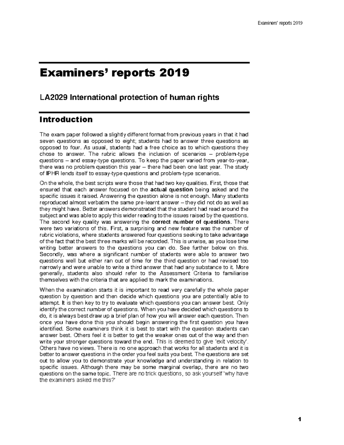 IPHR report 2019 AB - past paper question - Examiners’ reports 2019 Examiners’ reports 2019 ...