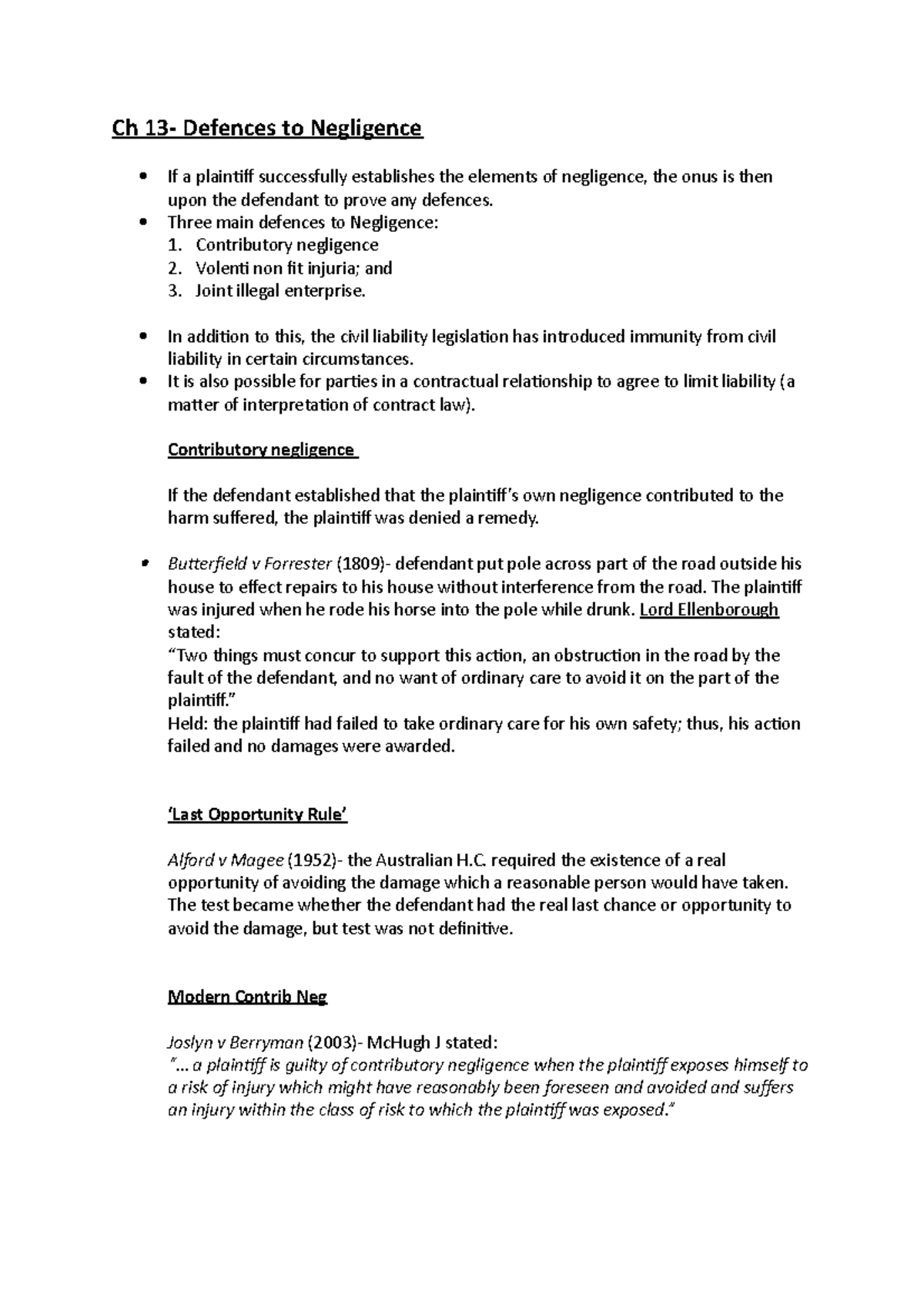 Defences to Negligence Ch 13 - Ch 13- Defences to Negligence If a ...