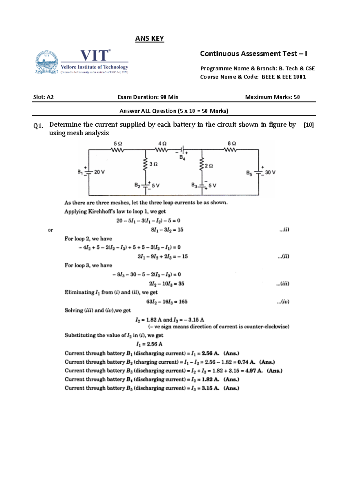 CAT1 A2 - paper - ANS KEY Continuous Assessment Test – I Programme Name ...