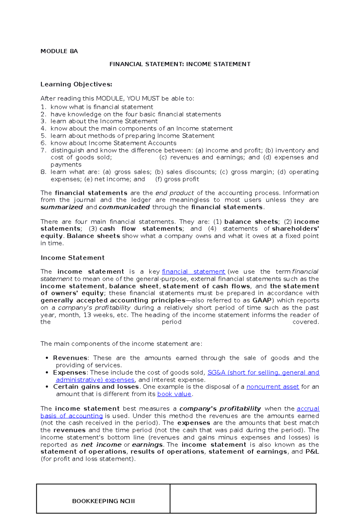 Module #8A in Bookkeeping - MODULE 8A FINANCIAL STATEMENT: INCOME STATEMENT Learning Objectives ...