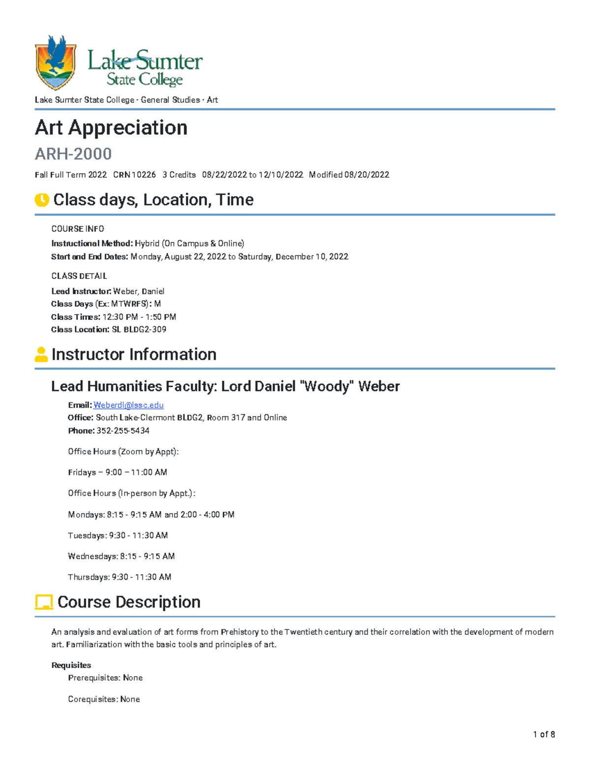 Art Appreciation ARH 2000 Fall Full Term 2022-1 - Class days, Location ...
