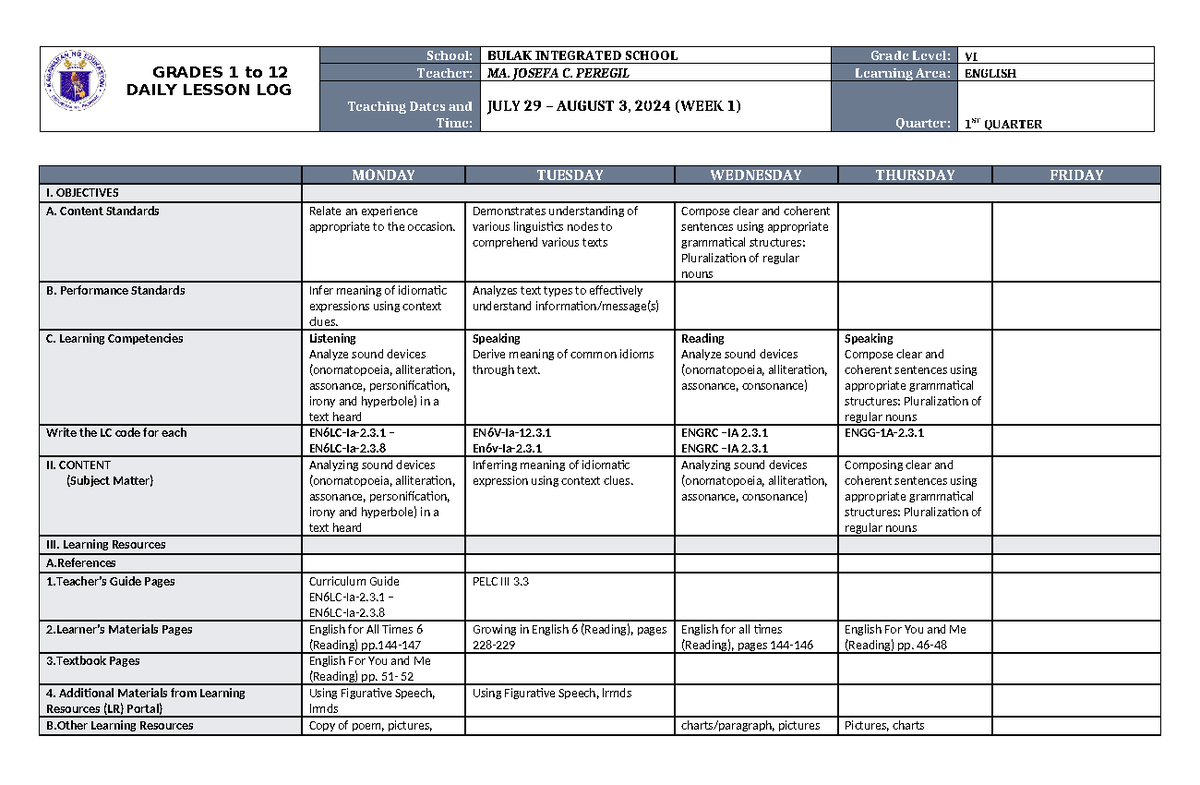 DLL English 6 Q1 W1 - This a sample of Grade Daily Lesson Guide ...