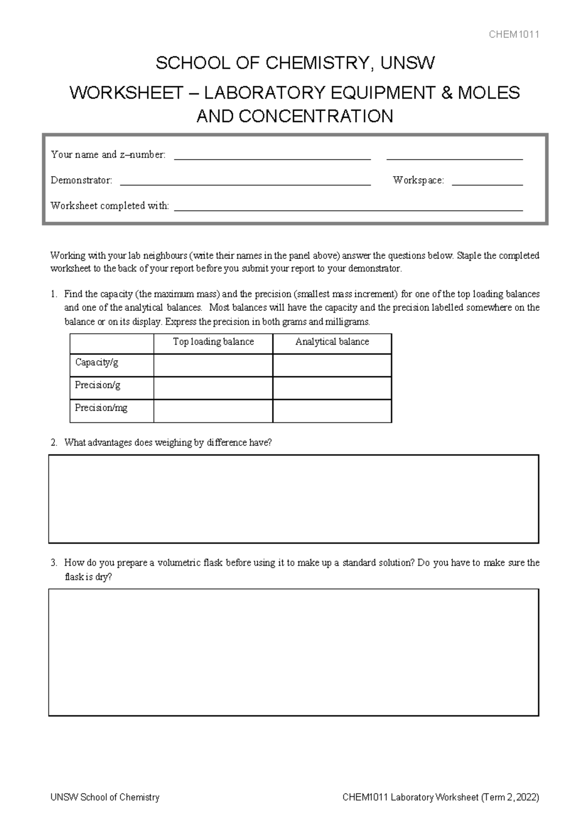 Worksheet lab 1 - CHEM UNSW School of Chemistry CHEM1011 Laboratory ...