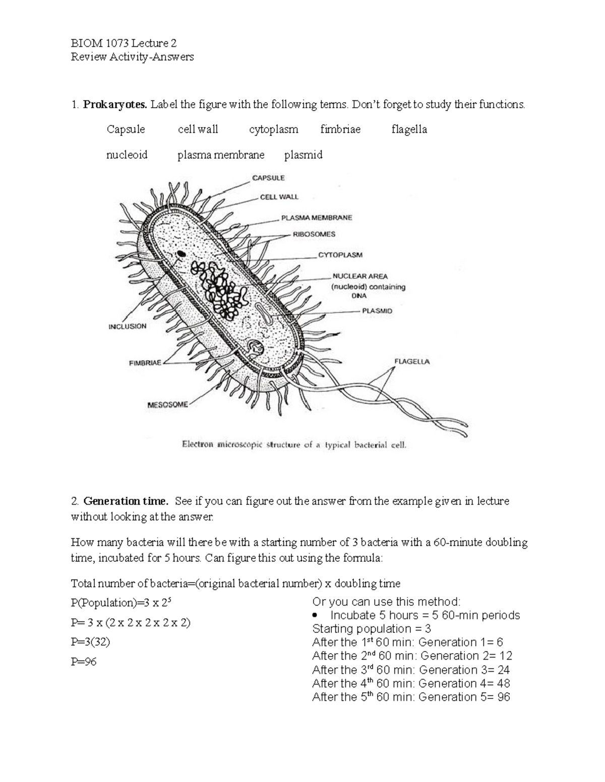 BIOM 1073 Lecture 2 Review: Prokaryotes Generation Time Glycocalyx ...