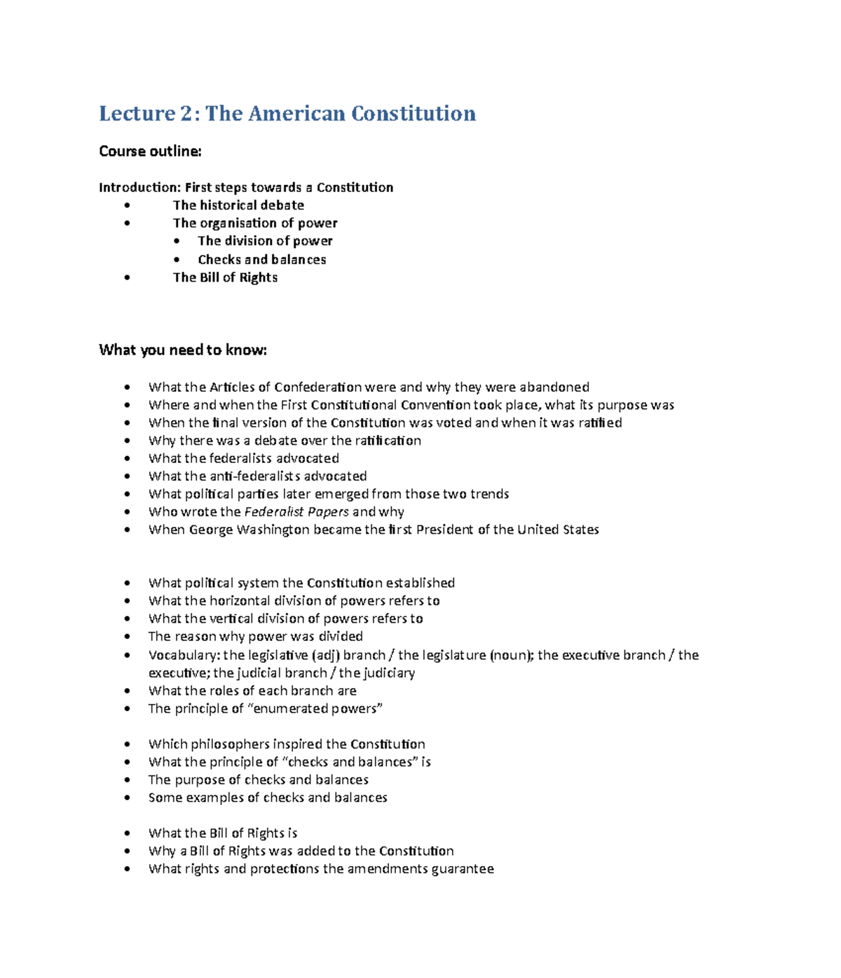 What you should know - Lecture 2 The American Constitution us - Lecture ...