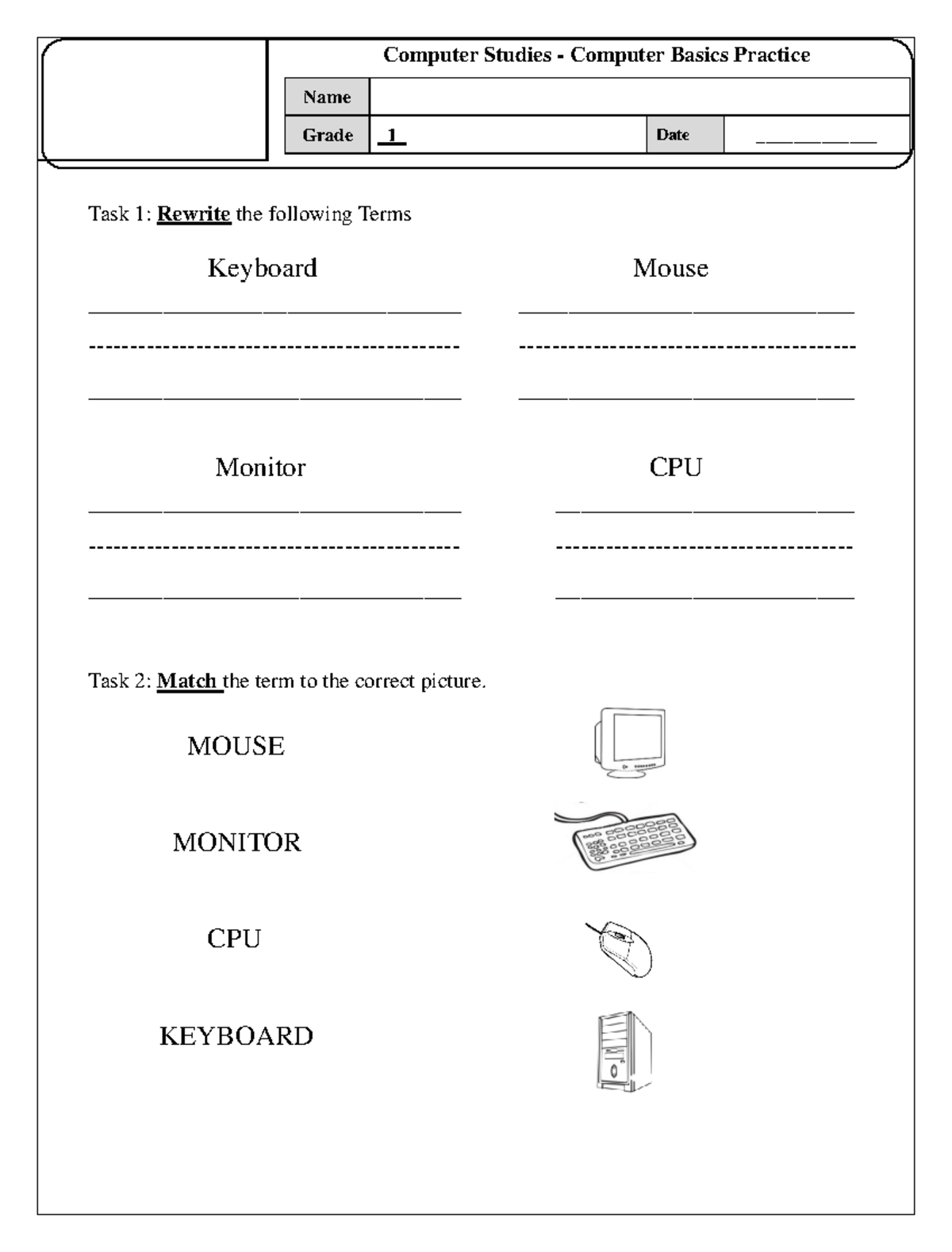 Computer Studies Worksheet - Page 1 of 2 Computer Studies - Computer ...