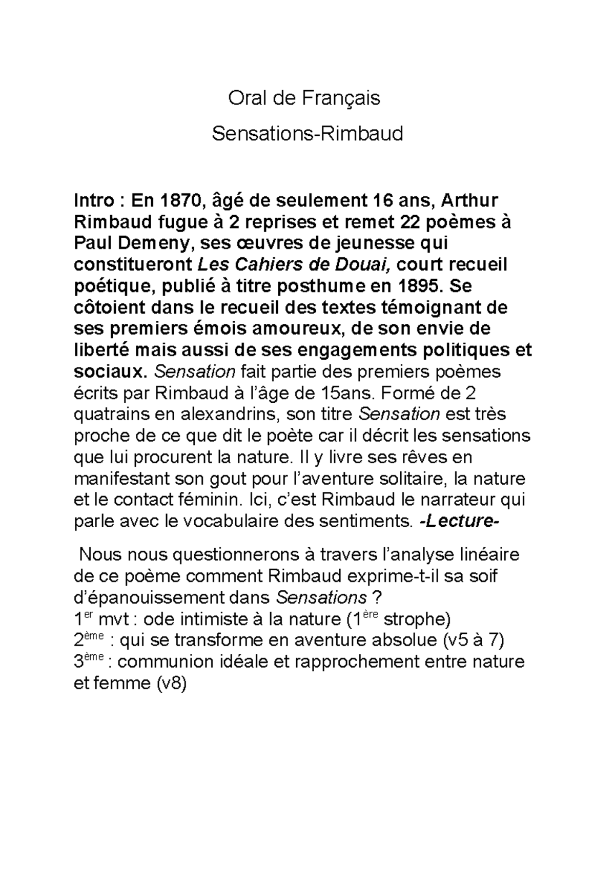 Lecture linéaire Sensation - Oral de Français Sensations-Rimbaud Intro ...