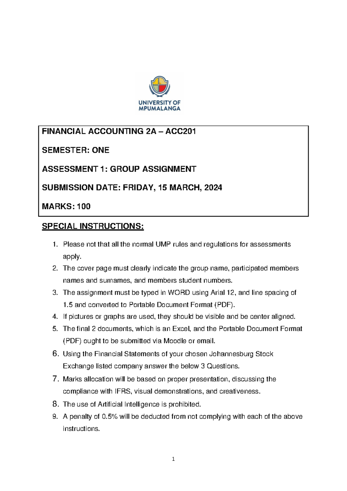 Financial Accounting 201 2024 Semester 1 Group Assignment - 1 FINANCIAL ...