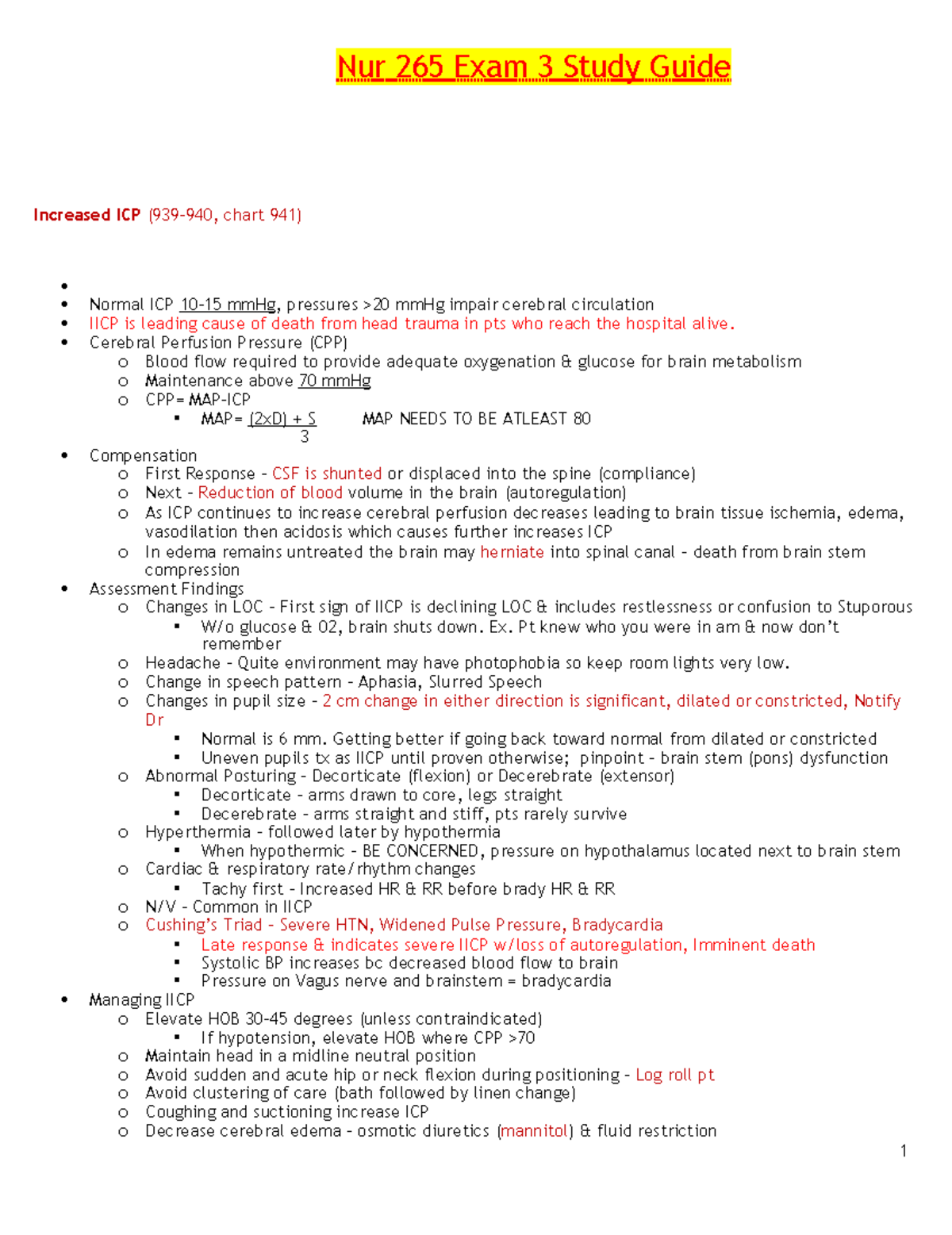 265 exam 3 1 3069 3 - 265 exam 3 1 3069 3 - 1 Increased ICP (939-940 ...