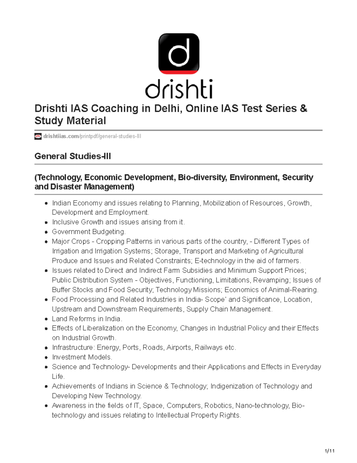 GS3 - UPSC Mains Syllabus - Drishti IAS Coaching in Delhi, Online IAS ...