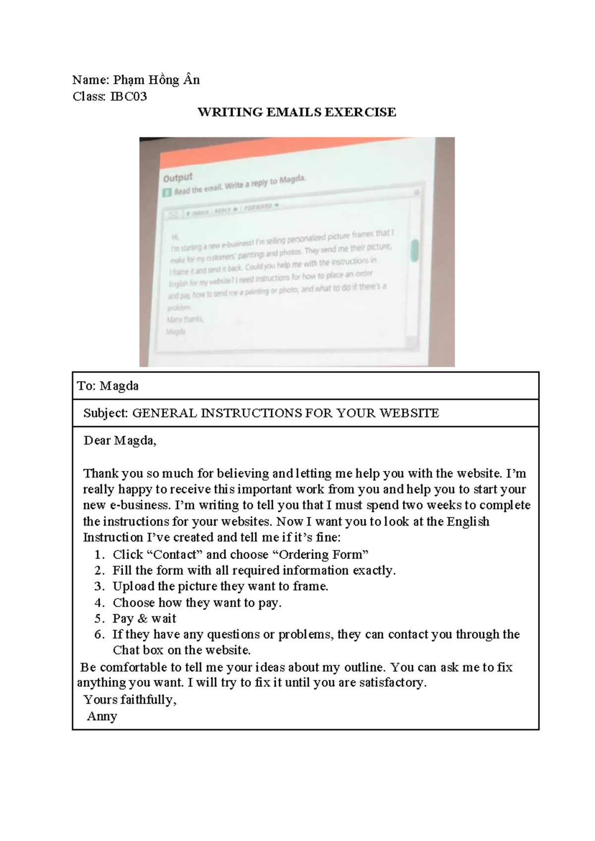 [IBC03 K46]Phạm Hồng Ân Reply to Magda - Name: Phạm Hồng Ân Class: IBC ...