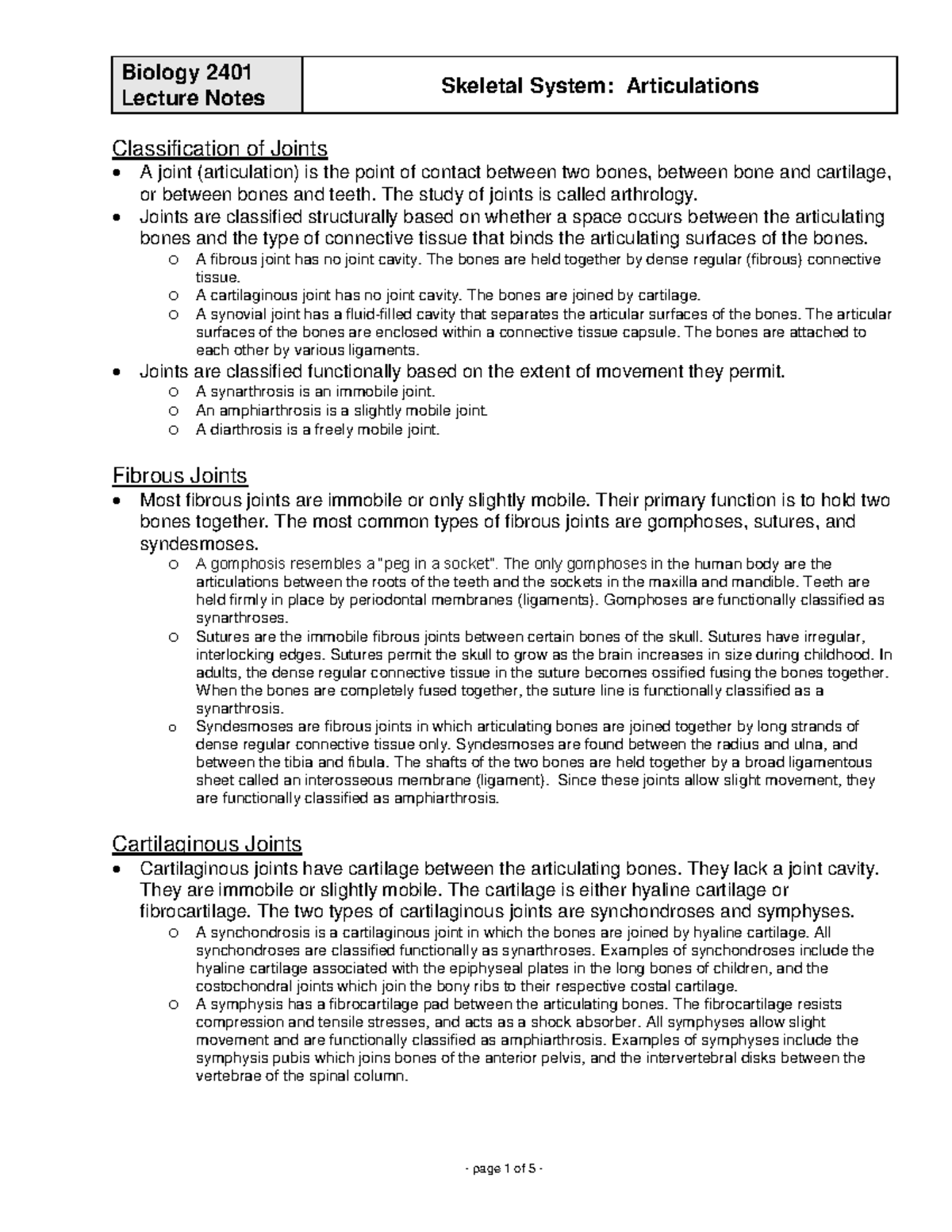Joints Articulations Lecture Notes Skeletal System Articulations