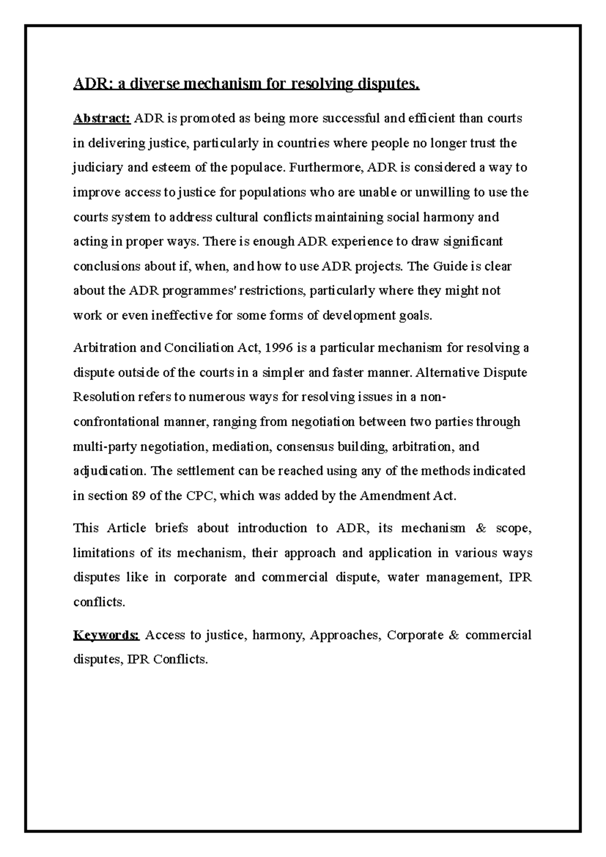 ADR research paper - ADR: a diverse mechanism for resolving disputes ...