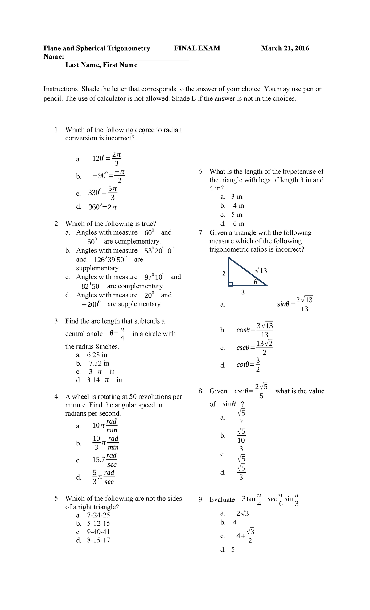 PST Final Exam Plane and Spherical Trigonometry - Plane and Spherical ...