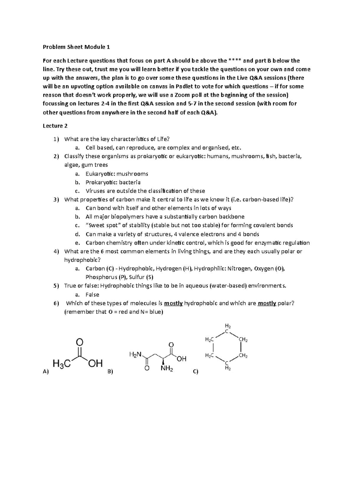 Revision questions Module 1 - Problem Sheet Module 1 For each Lecture ...