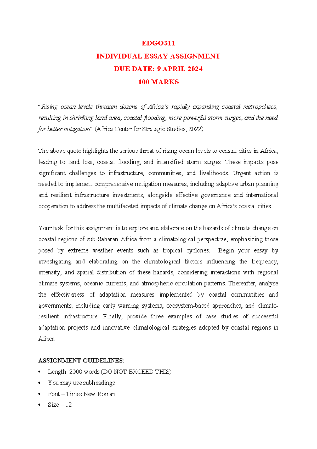 EDGO311 Individual Assignment 2024 - EDGO INDIVIDUAL ESSAY ASSIGNMENT DUE DATE: 9 APRIL 2024 100 ...