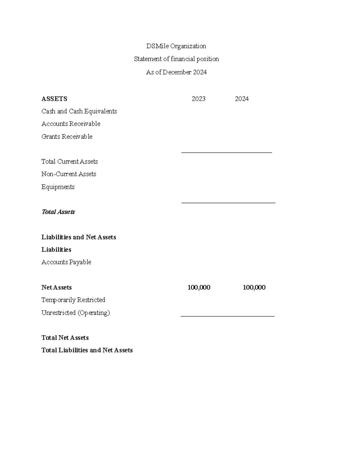 FS template B/S - Accounting - DSMile Organization Statement of ...