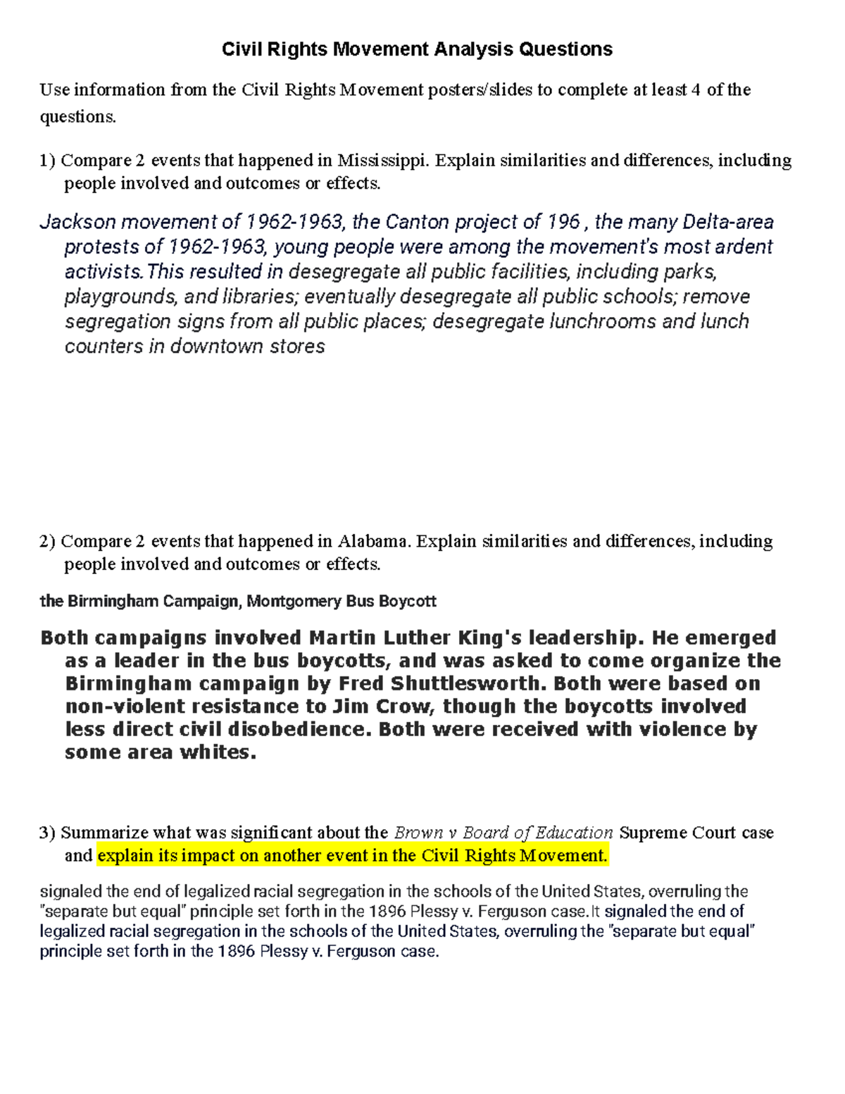 Civil Rights Movement Analysis Questions B - Civil Rights Movement ...