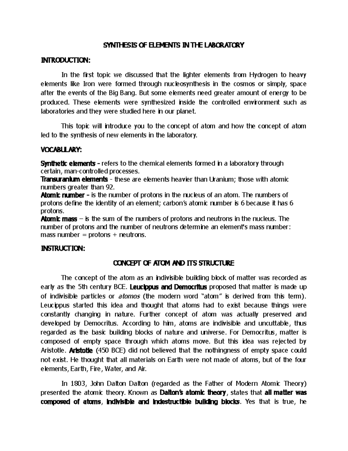 Synthesis OF Elements IN THE Laboratory - SYNTHESIS OF ELEMENTS IN THE ...