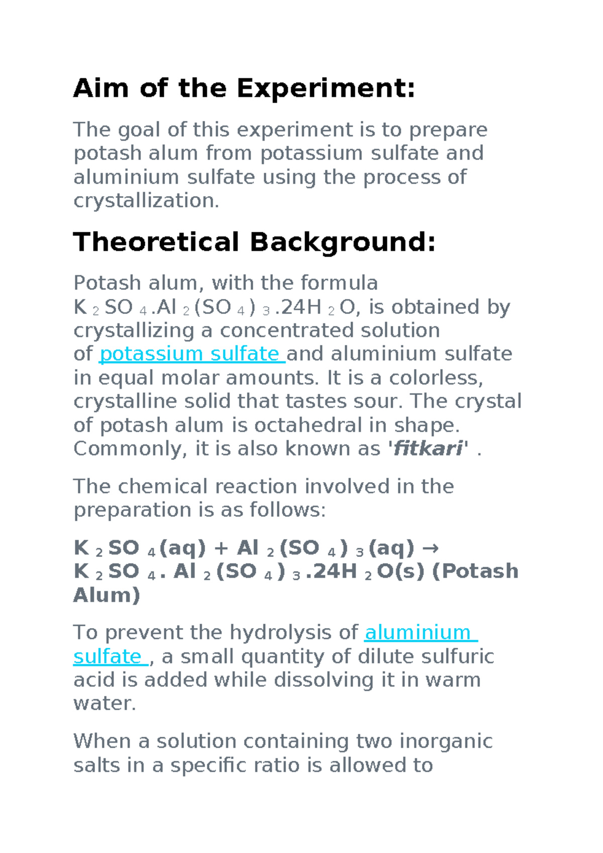 Aim of the chemistry - Aim of the Experiment: The goal of this ...