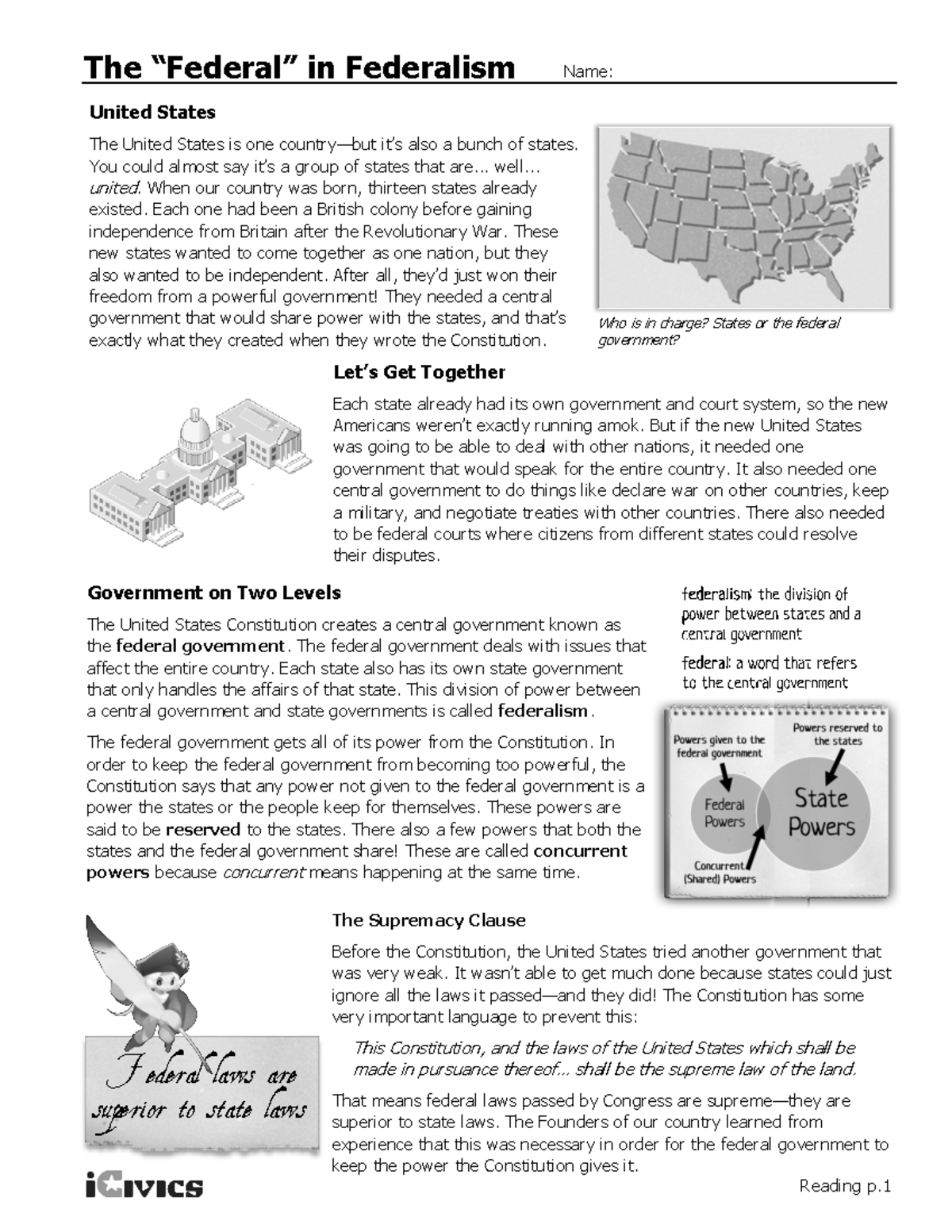 Federalism Student Docs 0 Sub Plan - Reading p. United States The ...