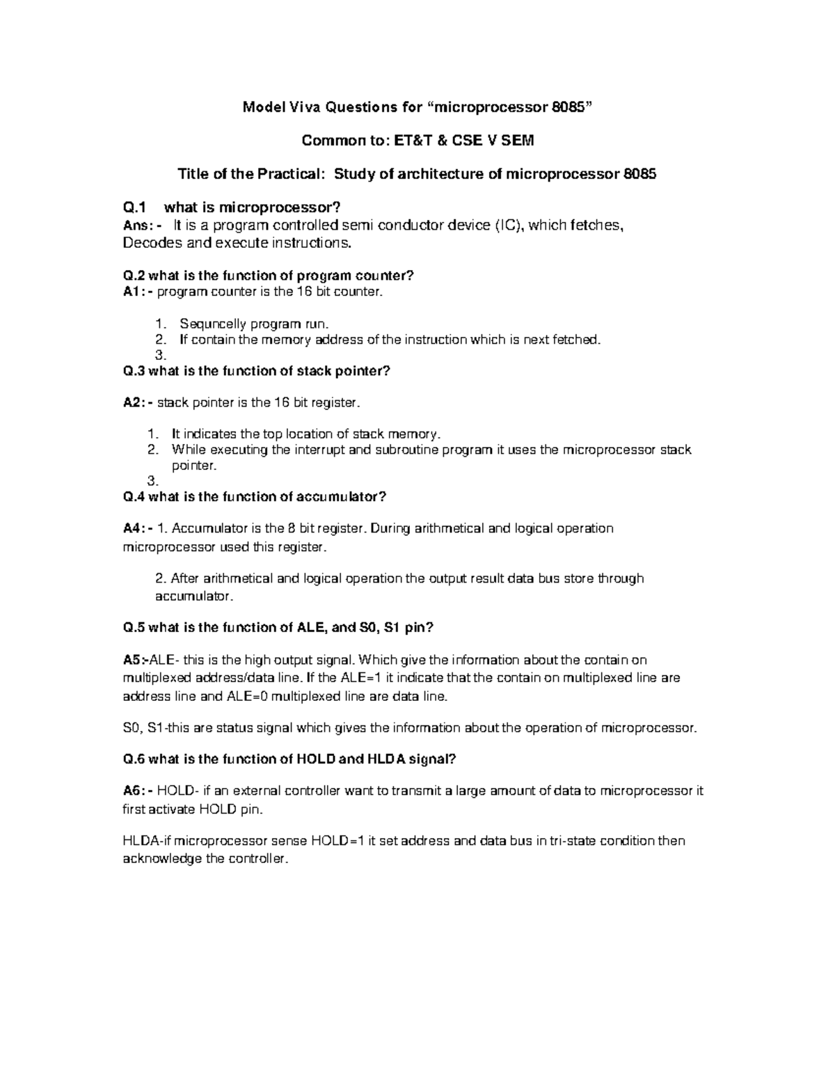 Microprocessor 8085 Viva - Model Viva Questions for “microprocessor ...