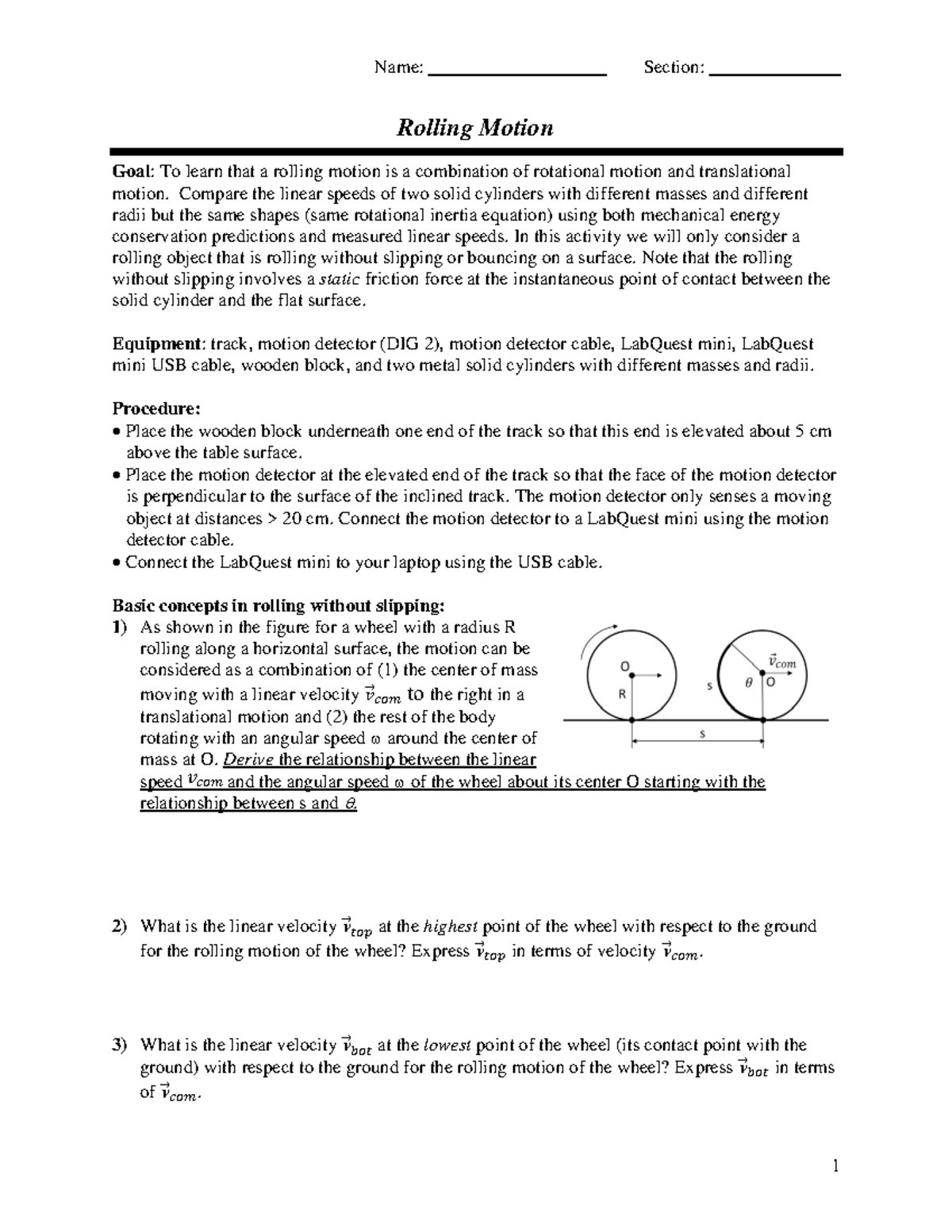 Activity 18-Rolling Motion -2nd - Rolling Motion Goal: To learn that a ...
