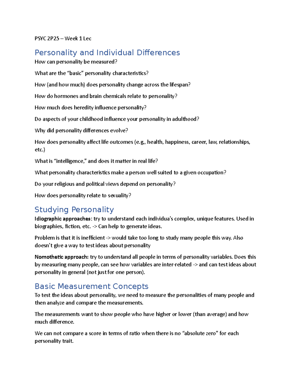 PSYC 2P25 - Week 1 Measurment - PSYC 2P25 - Brocku - Studocu