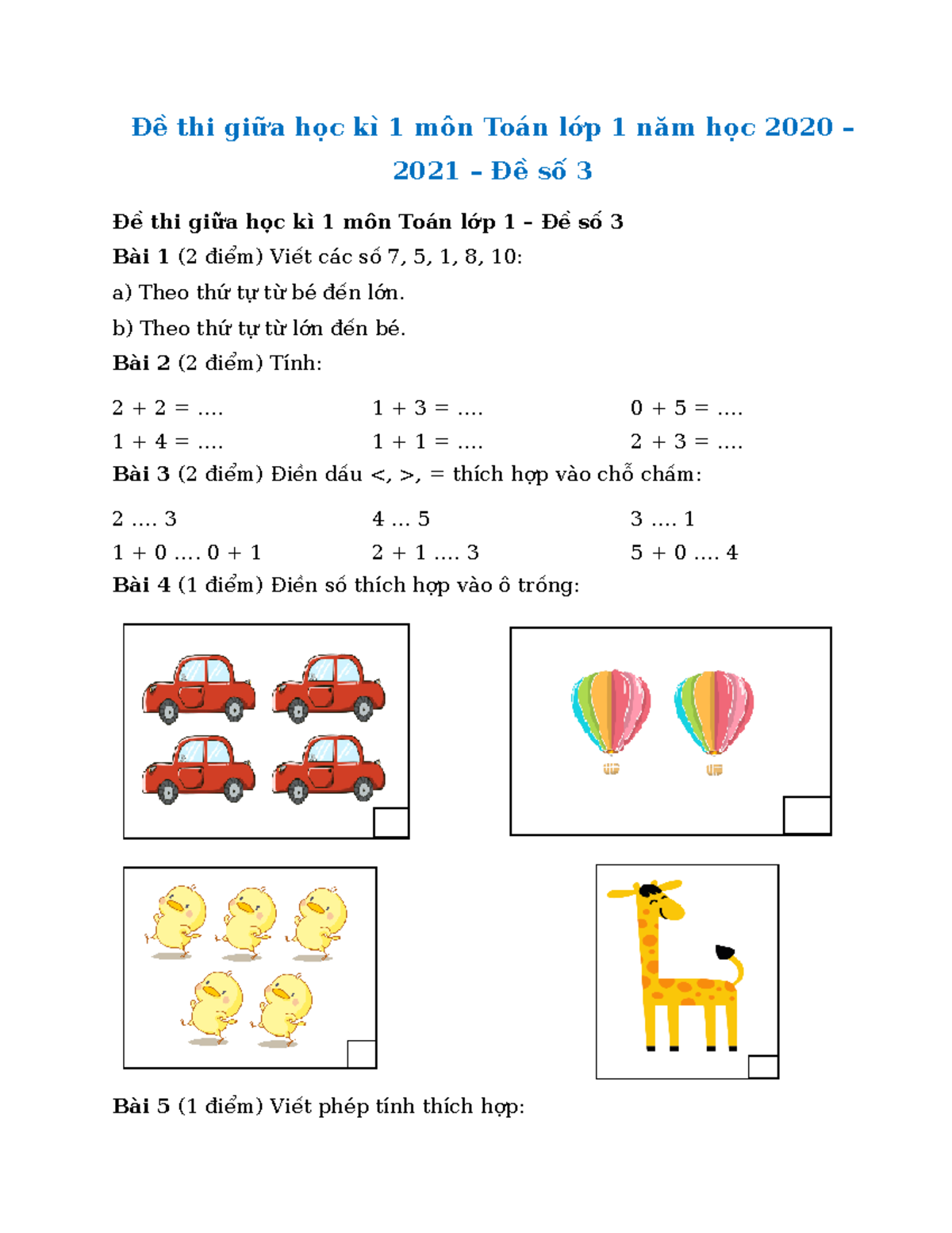 De thi giua hoc ki 1 mon toan lop 1 nam hoc 2020 2021 de so 3 - Đề thi giữa học kì 1 môn Toán ...