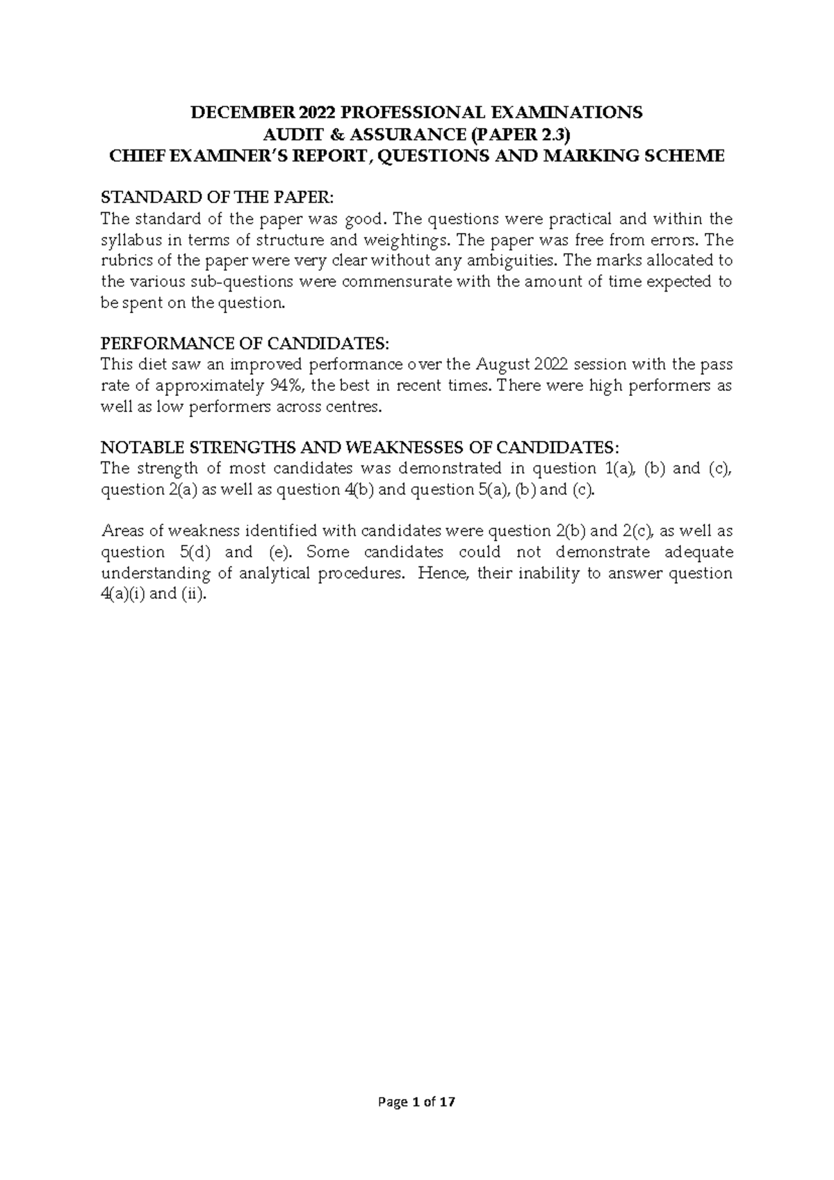 Audit Assurance Paper 2 - DECEMBER 2022 PROFESSIONAL EXAMINATIONS AUDIT ...