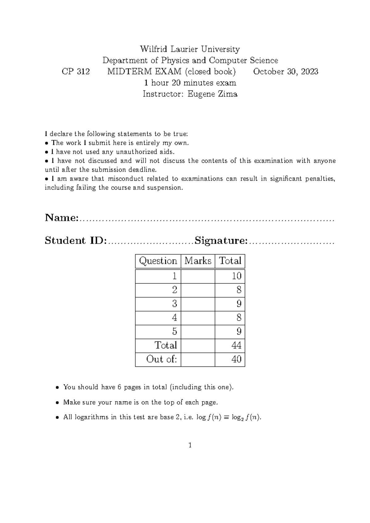 Midt F2023 - Practice midterm - Wilfrid Laurier University Department ...