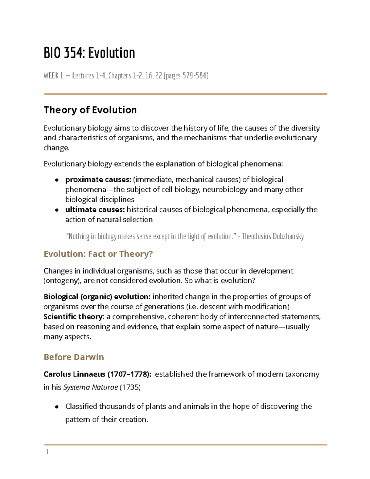 Week 1 Notes - Lectures 1-4 of week 1 about the theory of evolution ...
