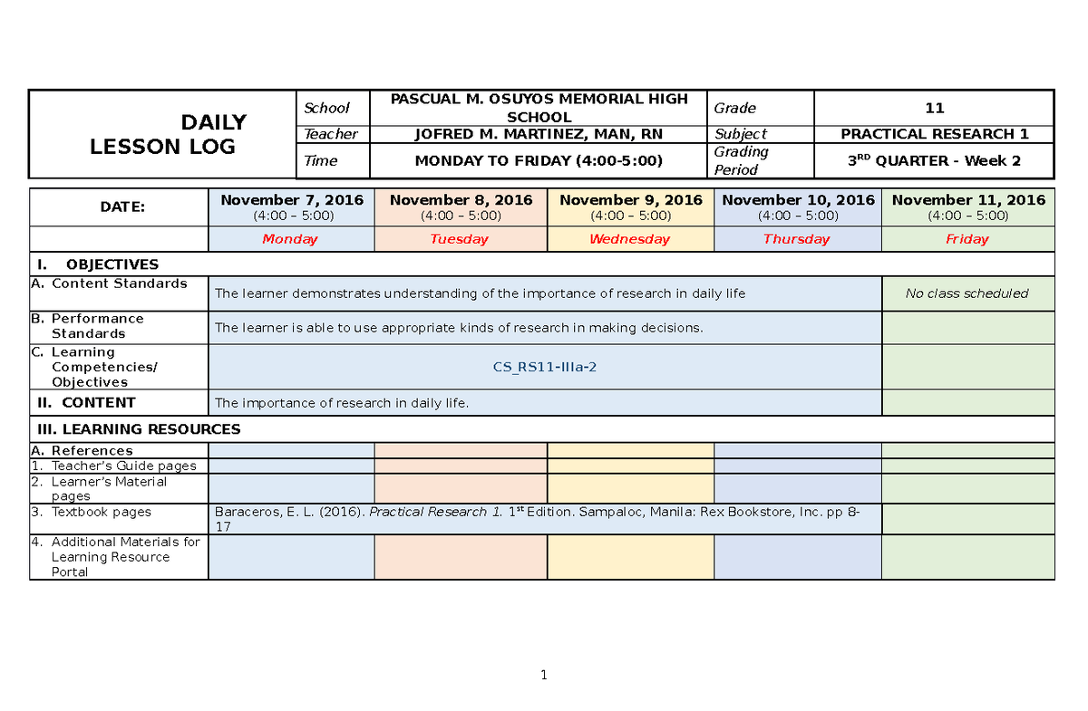 Document - useful for discussion - DAILY LESSON LOG School PASCUAL M ...