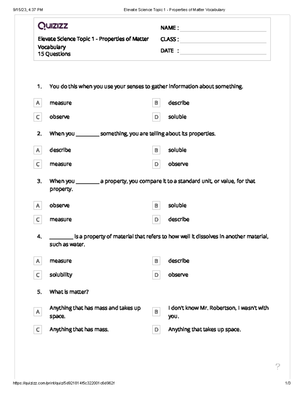 Elevate Science Topic 1 - Properties of Matter Vocabulary - 9/15/23, 4 ...