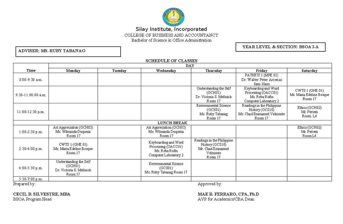 BSOA Schedule 1ST Semester 2024 2025 - ADVISER: MS. RUBY TABANAG YEAR ...