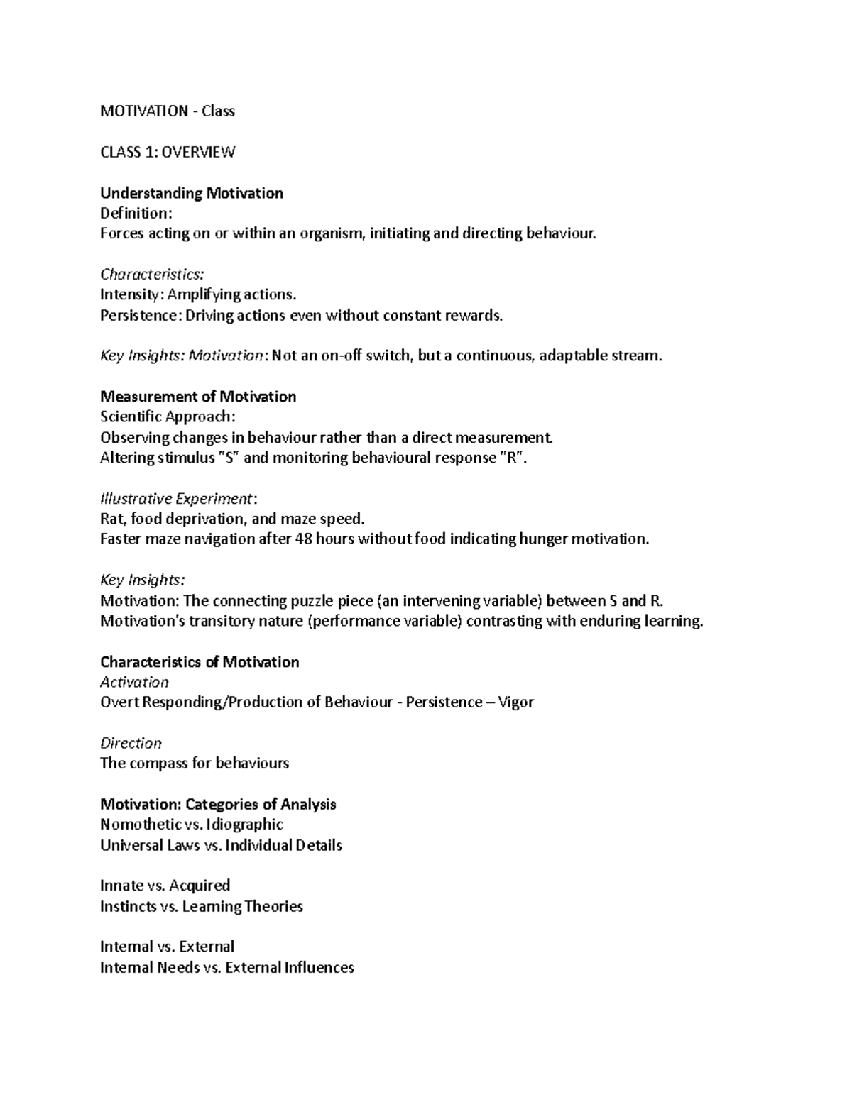 Motivation in class - MOTIVATION - Class CLASS 1: OVERVIEW ...