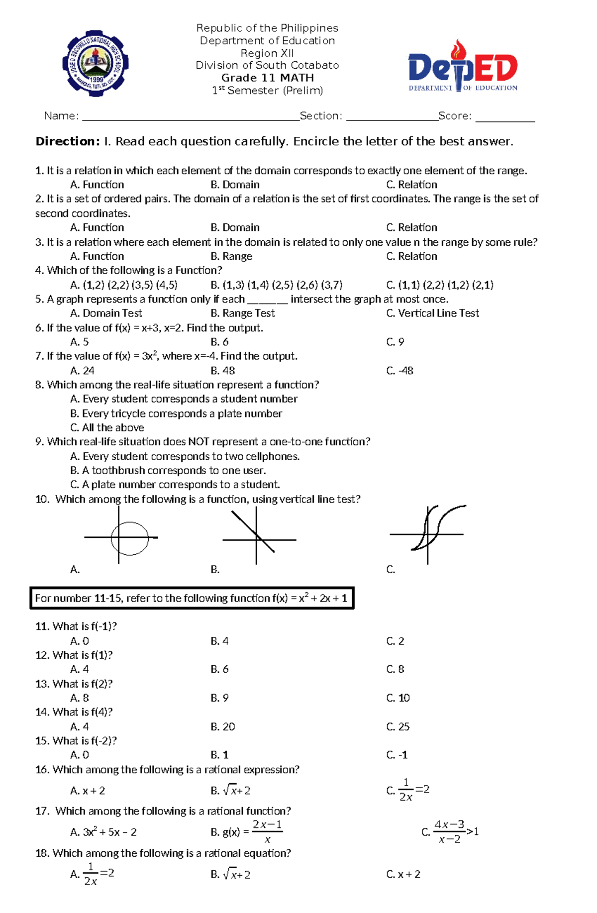 MATH 11 Prelim - MATH 11 EXAM - Republic of the Philippines Department ...