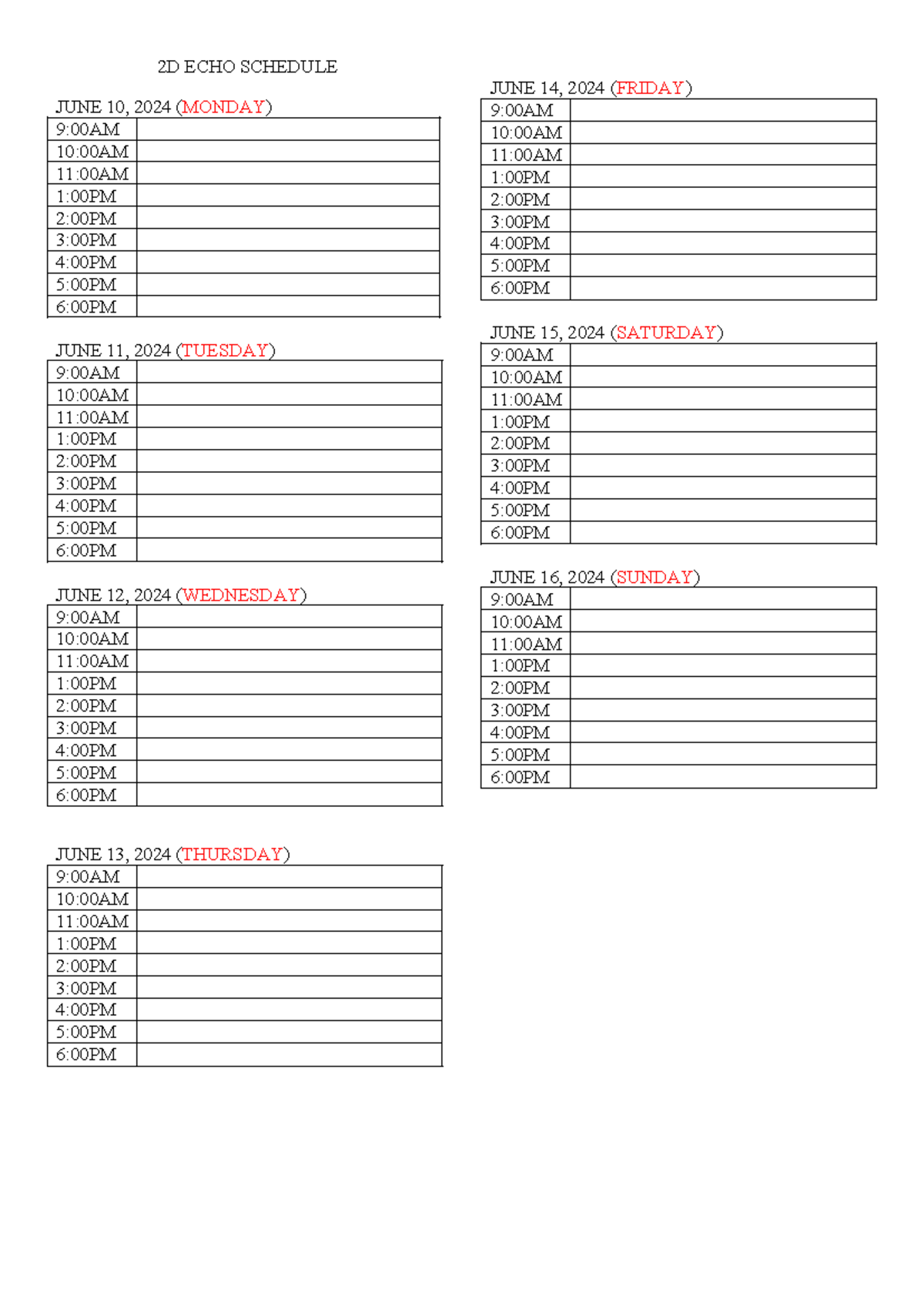 Schedule Format - 2D ECHO SCHEDULE JUNE 10, 2024 (MONDAY) 9:00AM 10 ...